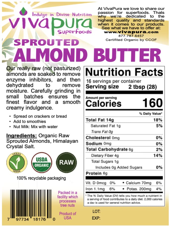 Vivapura Superfoods – Mantequilla de almendras germinadas orgánicas, 16 ...