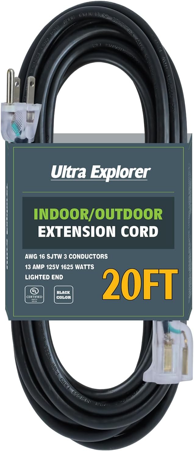 Amazon.com: Ultra Explorer Indoor Outdoor Black Extension Cord 20 FT ...