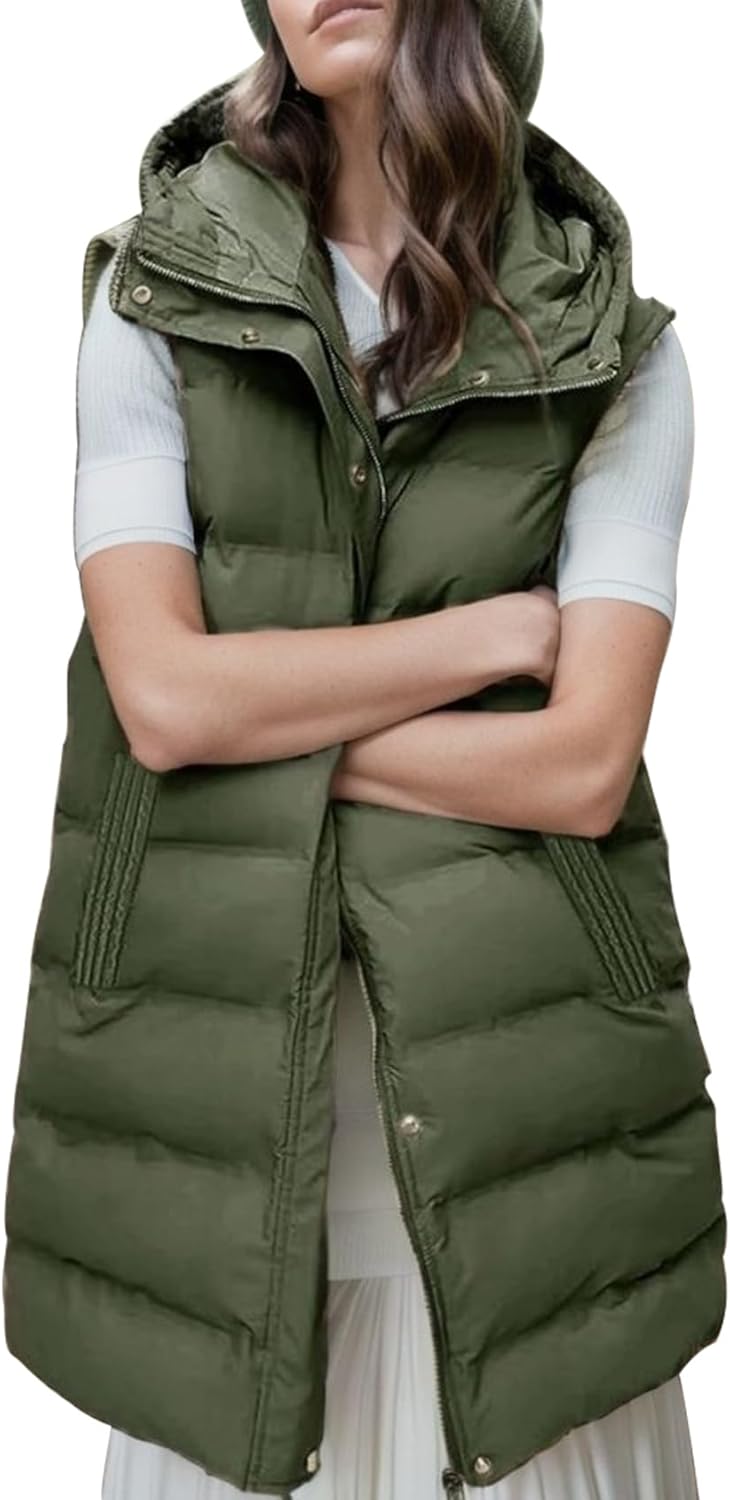 Gihuo Women's Long Puffer Vest Winter Quilted Hooded Sleeveless Zip Up ...