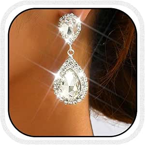 Amazon.com: Unicra Silver Rhinestone Teardrop Earrings Crystal Wedding ...