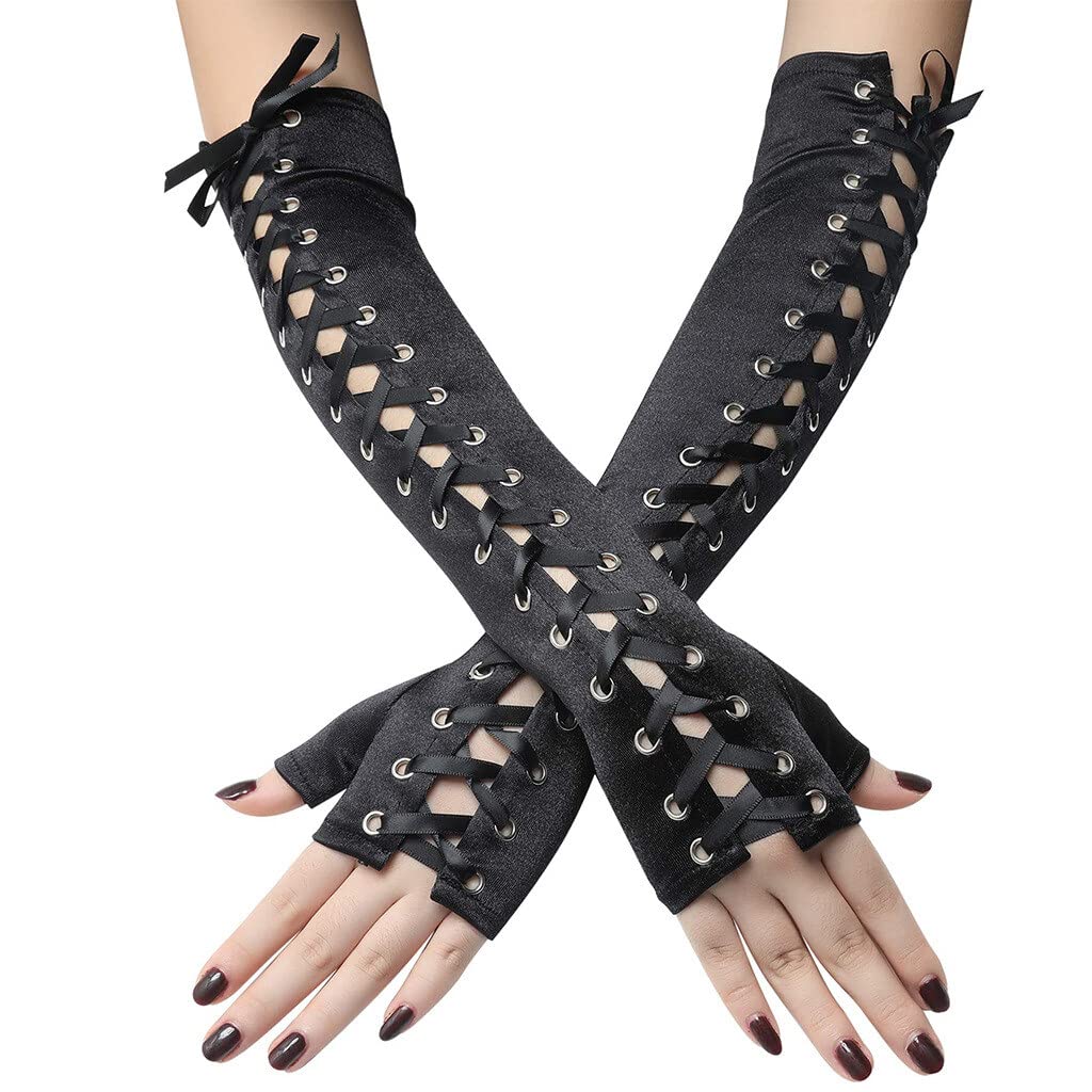 Snapklik.com : Women Satin Fingerless Gloves Lace Up Goth Elbow Gloves ...
