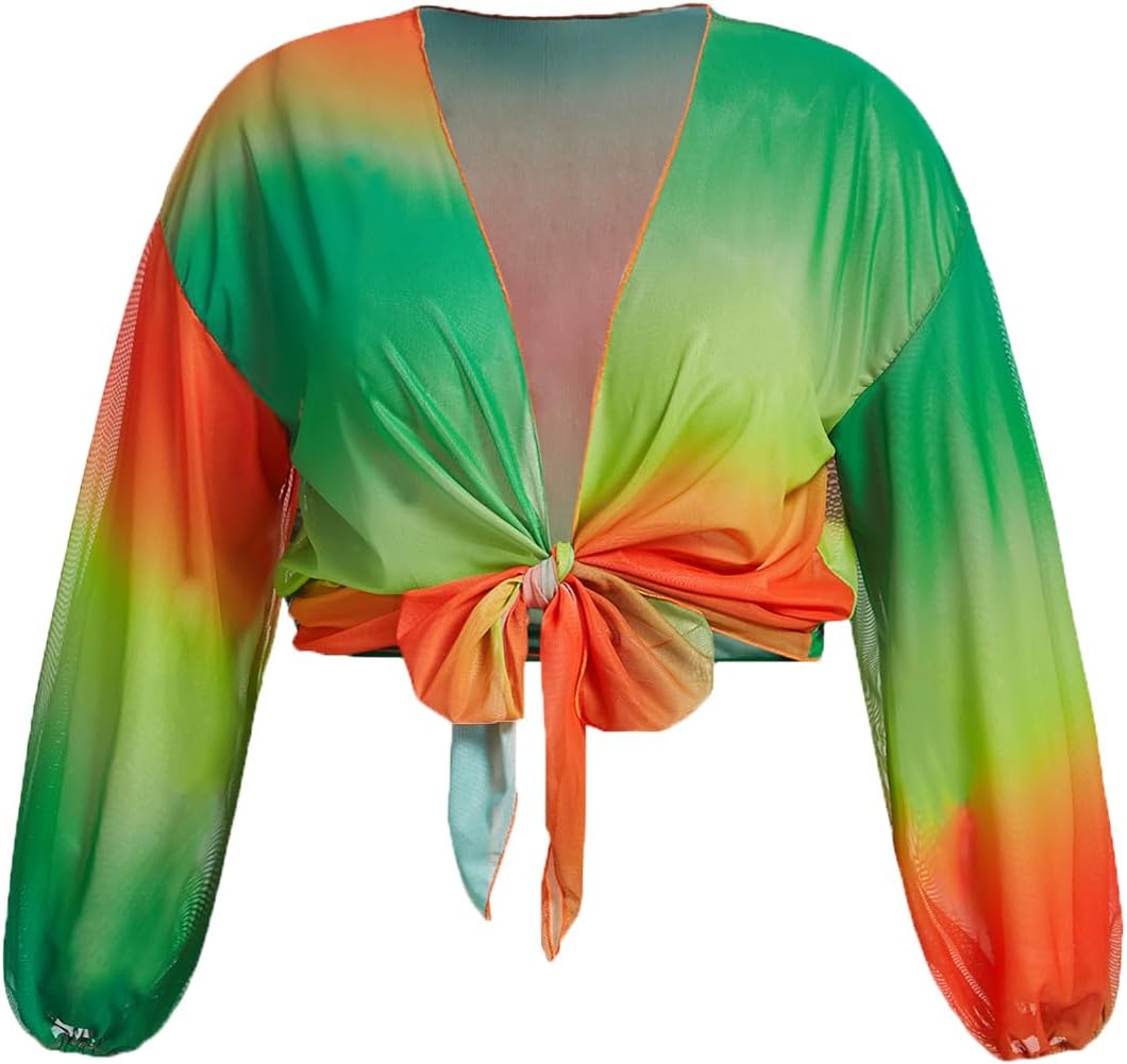 Verdusa Women's Plus Tie Front Long Sleeve Sheer Kimono Swimsuit Cover ...
