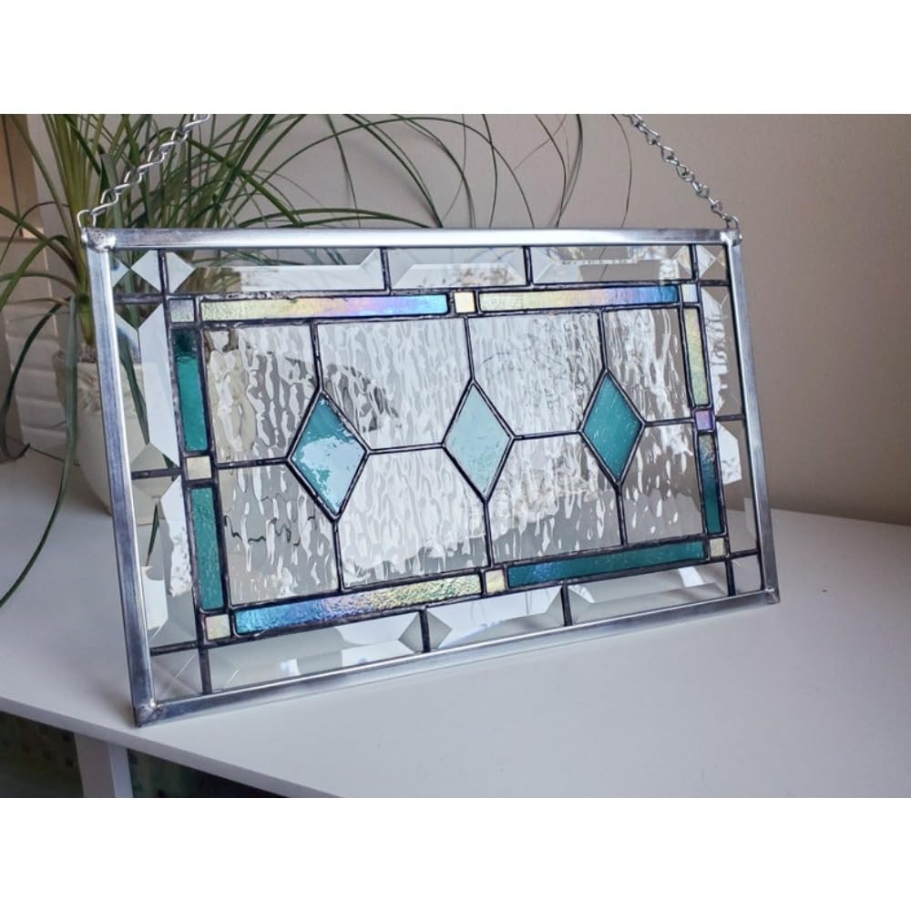 Amazon.com: Rectangle Colorful Blue Stained Glass Panel with Chain ...