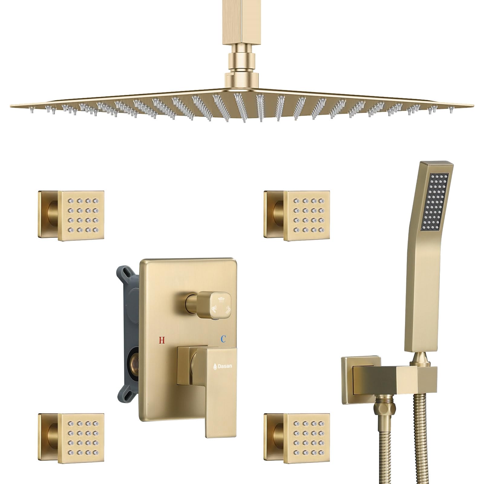 Brushed Gold Shower System with 4 PCS Shower Body Spray Jets & 12’’ Ceiling Shower Head ...