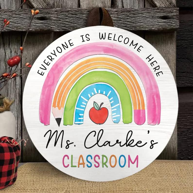 Amazon.com : Nazenti Personalized Pink Rainbow Door Sign for Classroom ...