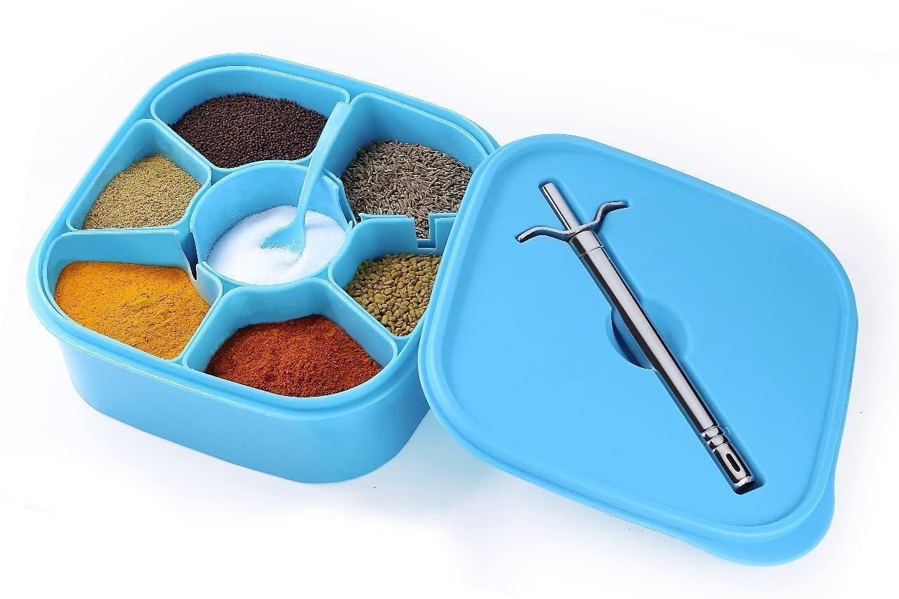 Buy Plastic Square 7 Sections Multipurpose Masala Dabba Box Set, Spice ...