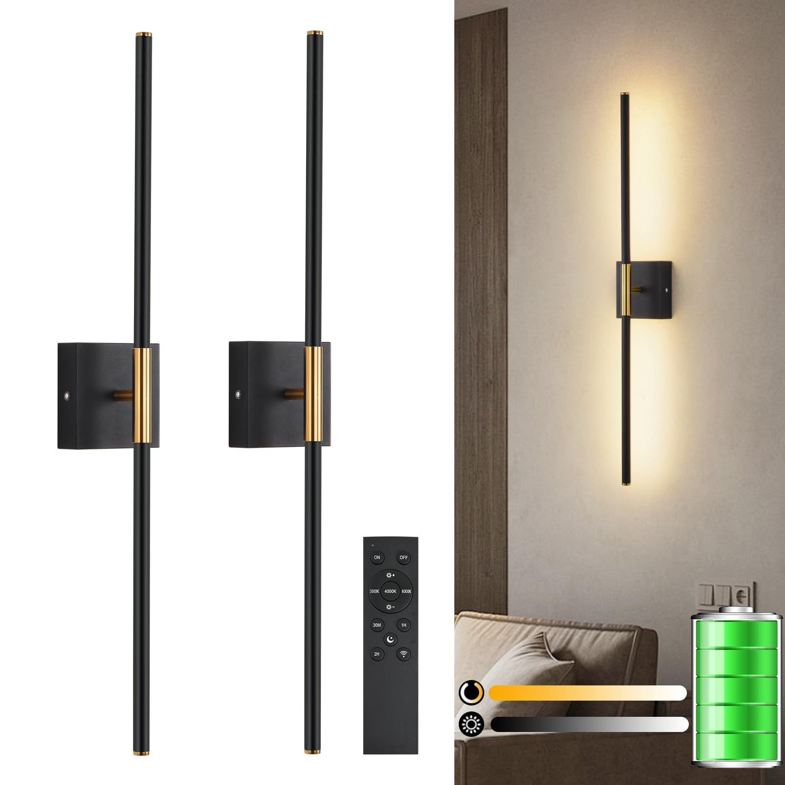 Battery Operated LED Wall Sconces Set of 2, 3000K-6000K Dimmable Rechargeable Wall Sconces with ...
