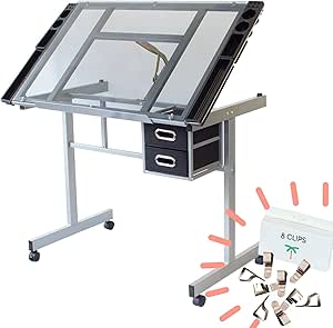 STATIONERY ISLAND Glass Art Desk on Wheels with 8 Clips - Adjustable Height Drawing Table ...