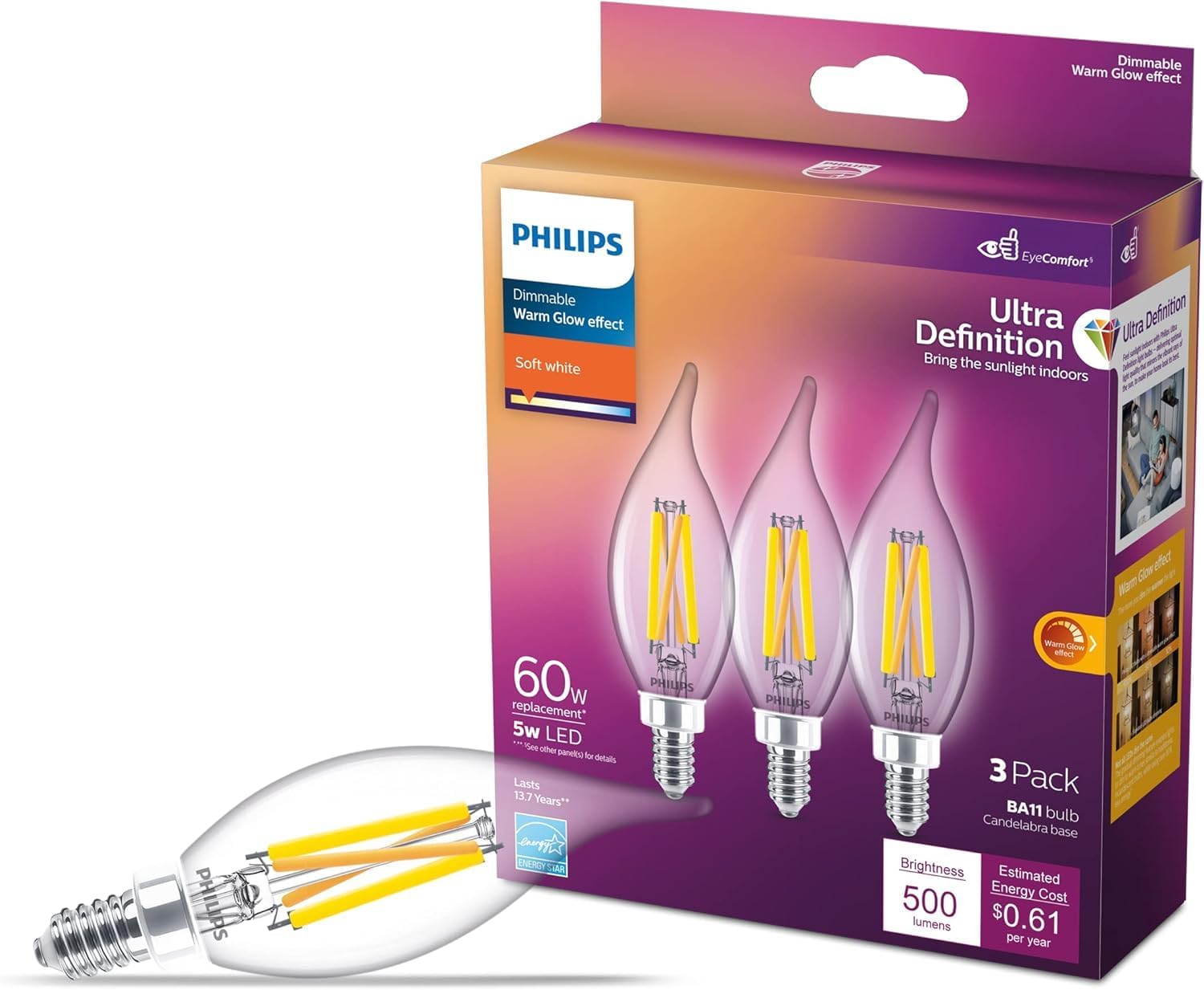 Philips A19 Ultra Efficient Clear Dimmable LED Light Bulbs - Flicker ...