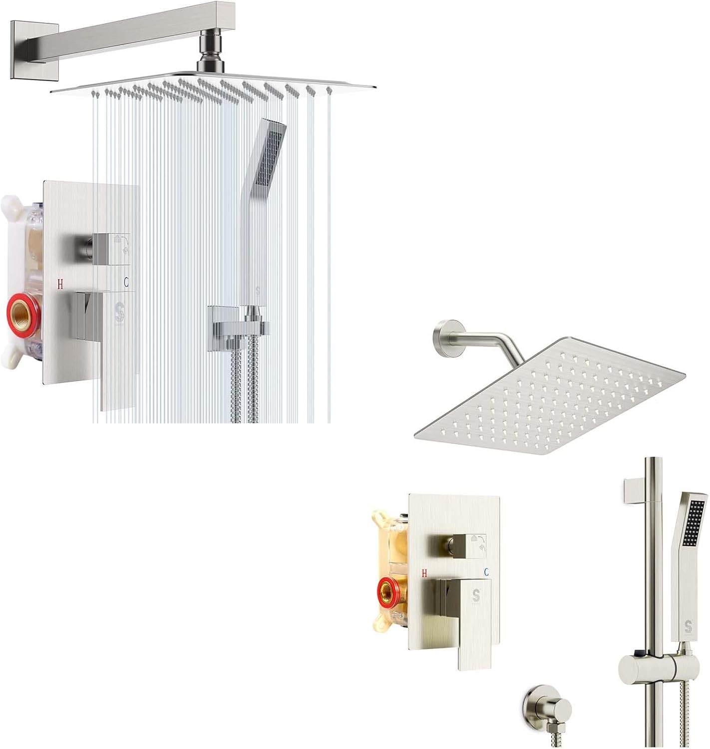 SR SUN RISE 10 Inch Square Shower System and 8 Inch Slide Bar Shower ...