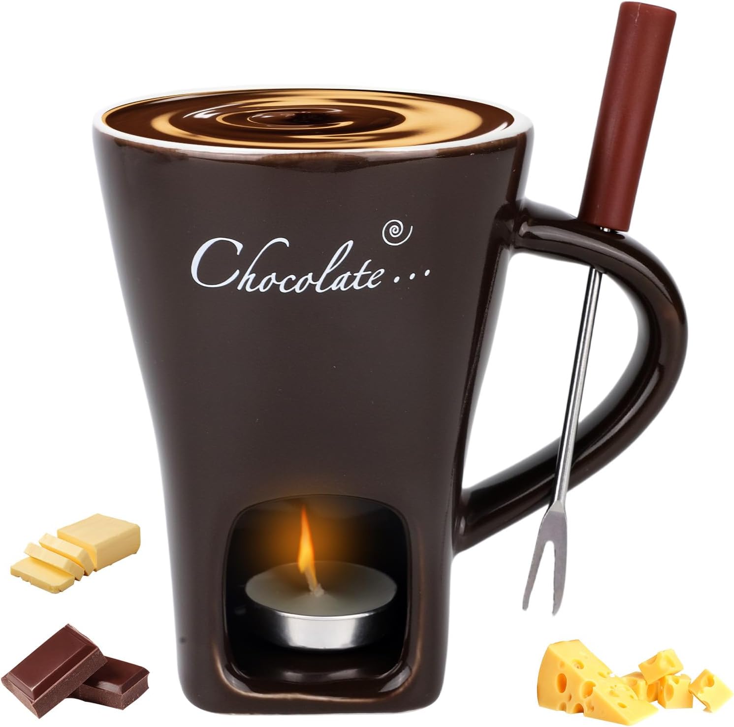 Chocolate Fondue Mug with Fork and Tealights, Sweet Chocolate Melting ...