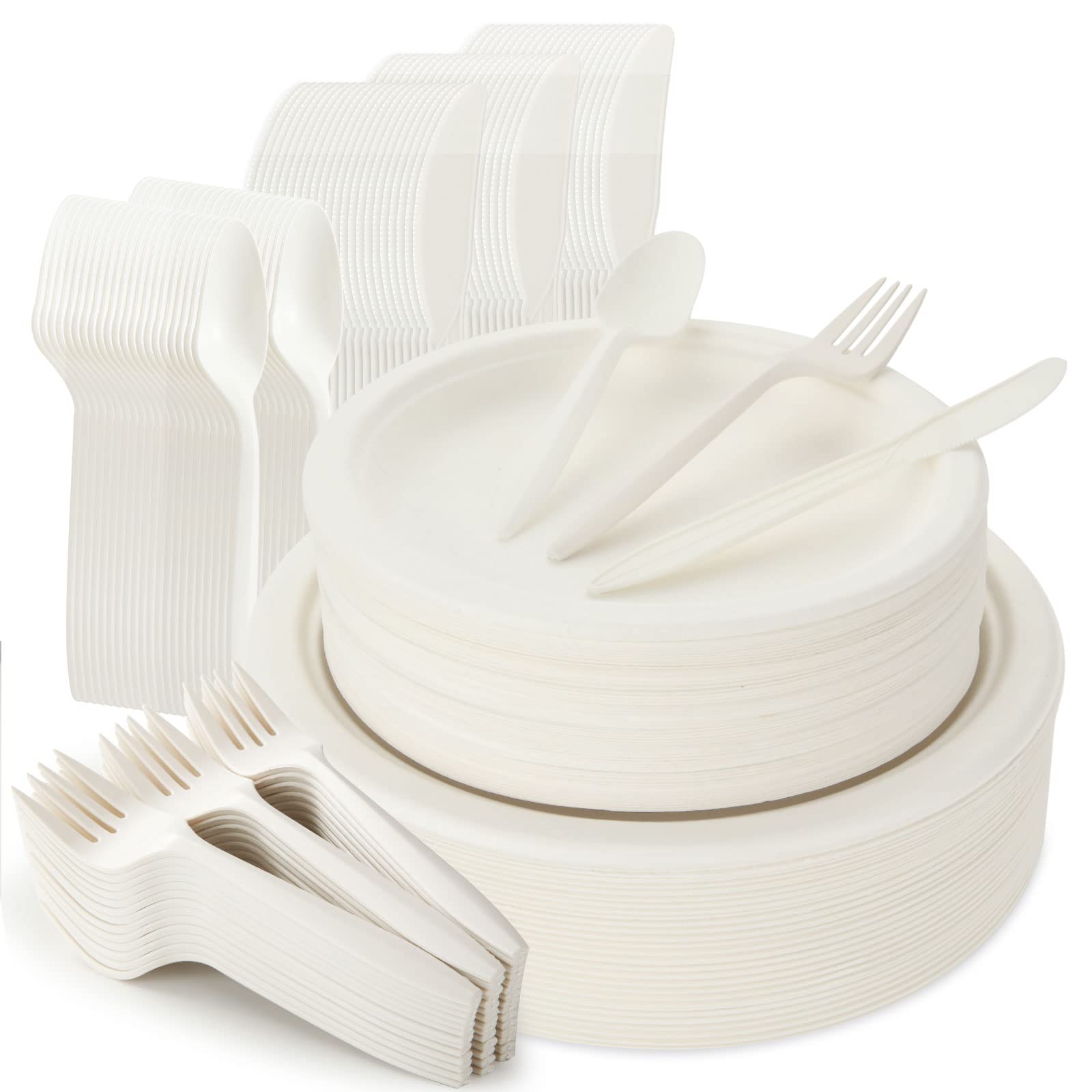 SENENQU 250pcs Disposable Plates and Cutlery Set, Compostable Bagasse ...