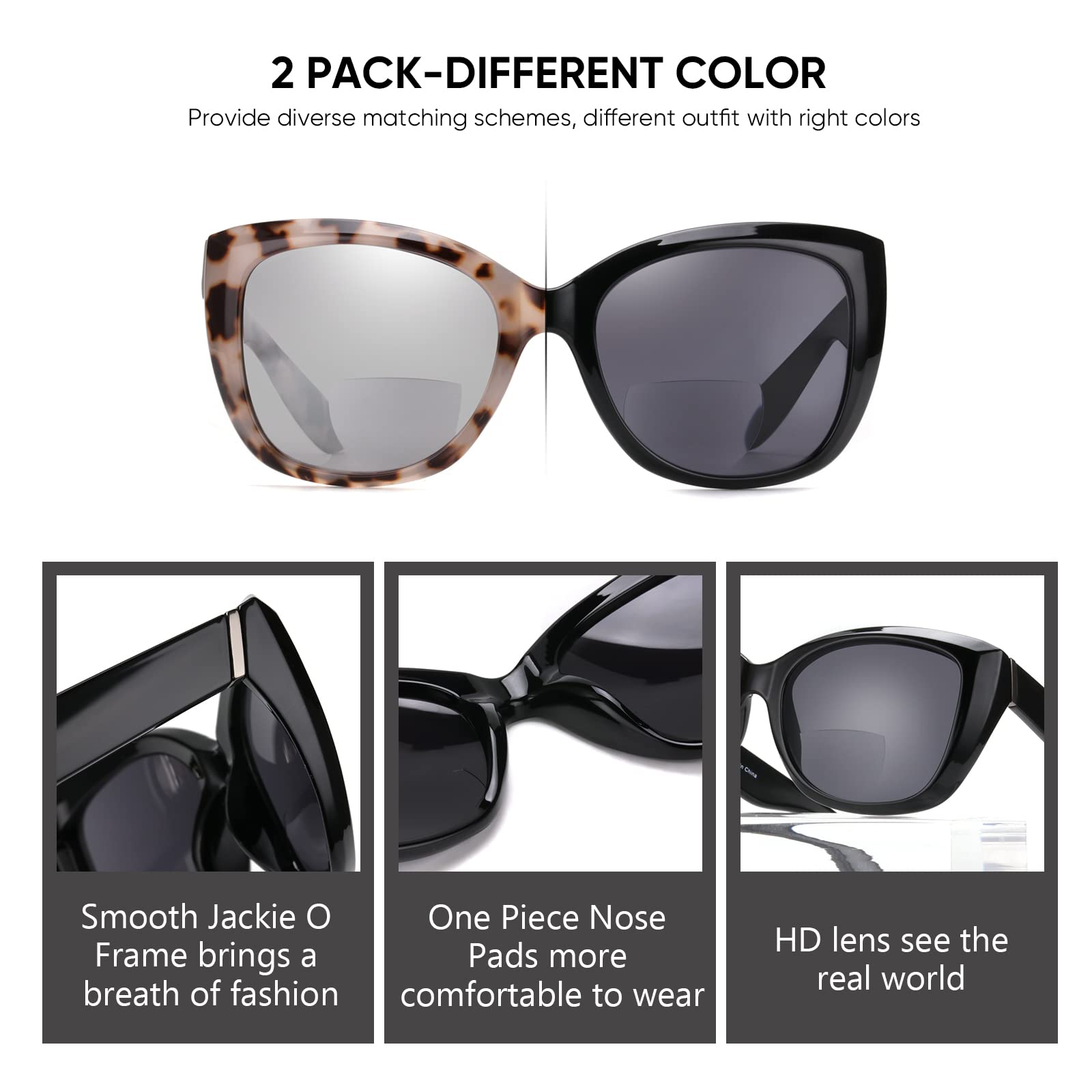 KISDATE OPTICS Glamorous 2 Pack Bifocal Reading Glasses Sunglasses women Driving/Reading ...