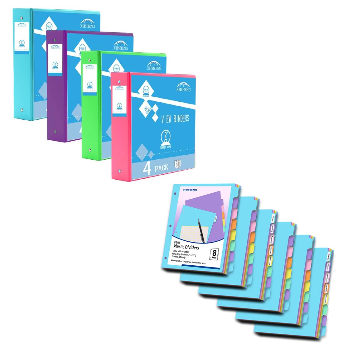 Amazon.com : 4 Pack 2 Inch Colored Binder & 6 Sets 8 Tab Binder ...