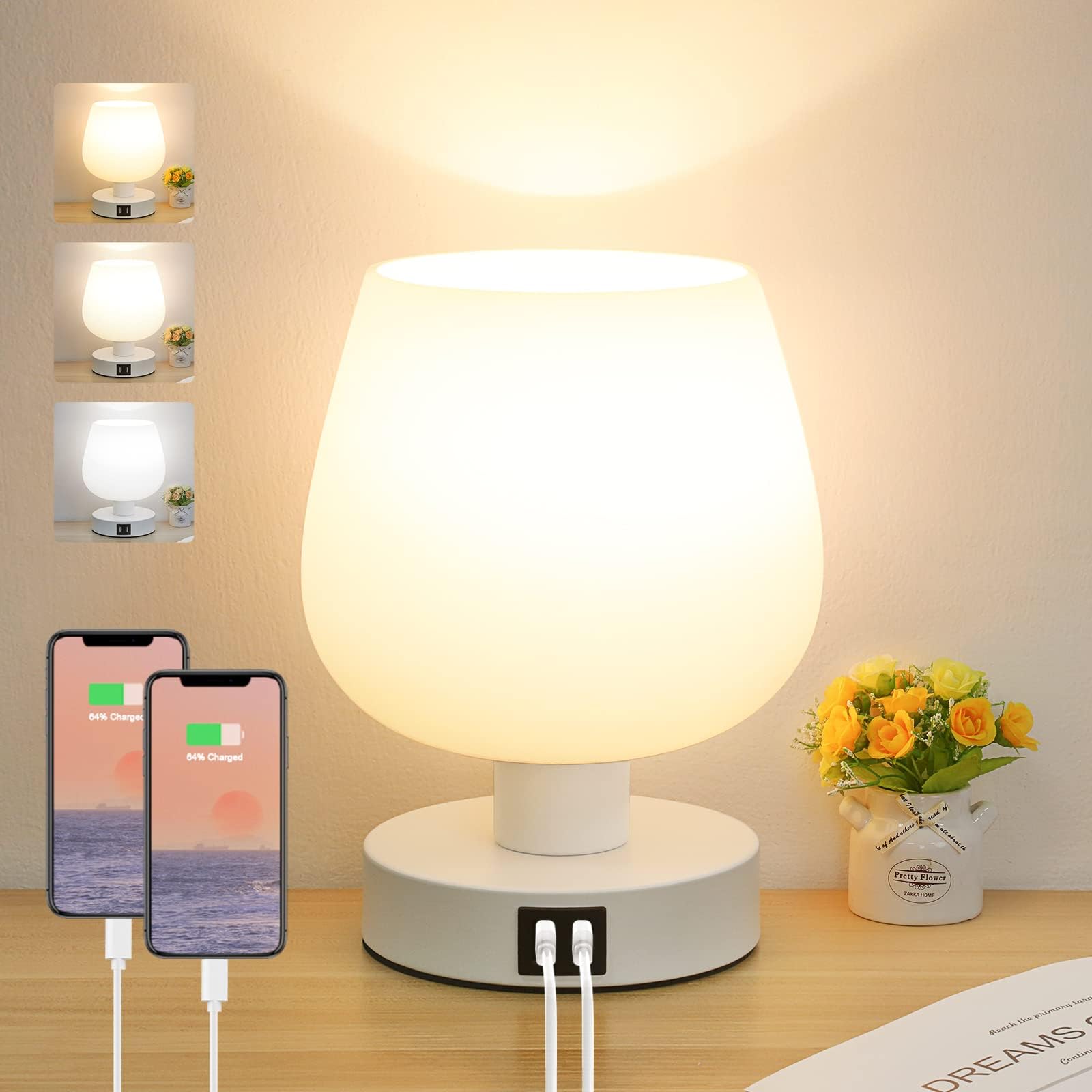 WIHTU Small Bedside Lamp with USB C+A Charging Port, Plug in LED Touch ...