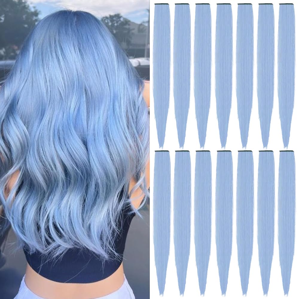 Amazon.com : LADYAMZ Colored Hair Extensions 14 PCS, 22 In Haze Blue ...