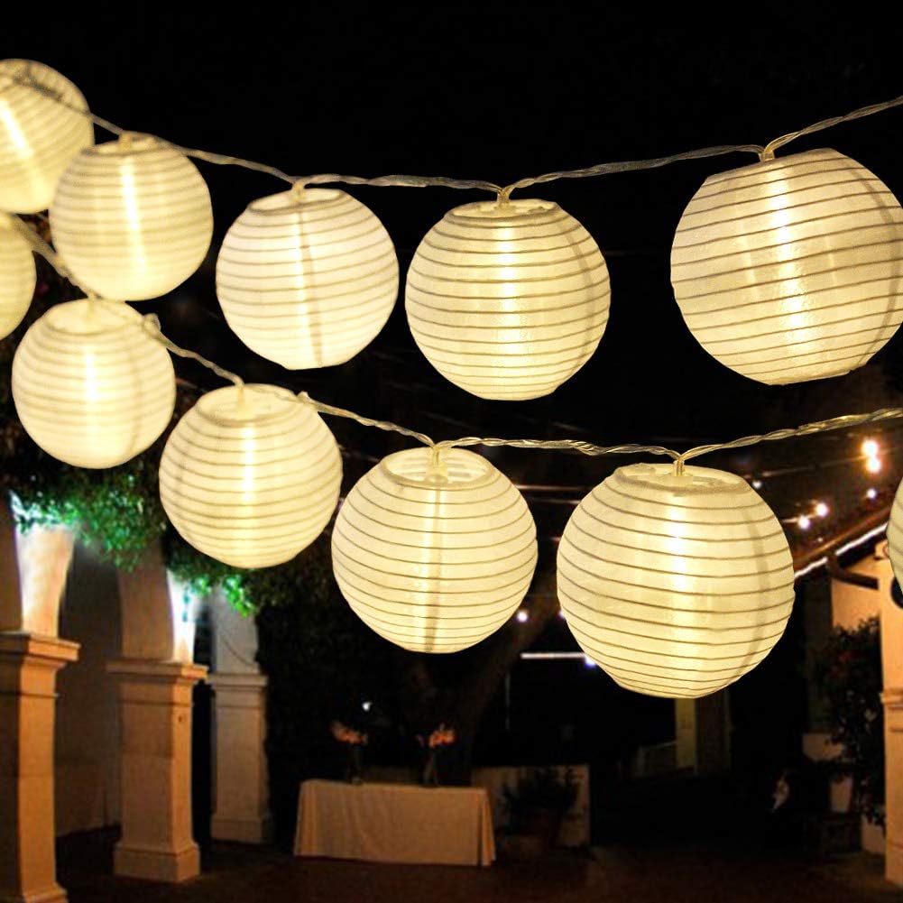 20 ft Long White Paper Lanterns String Lights 9 Pcs 10 Inch Round White ...