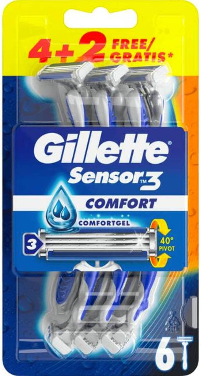 Gillette Sensor3 Comfort Lot de 6 rasoirs jetables pour homme 4+2 ...