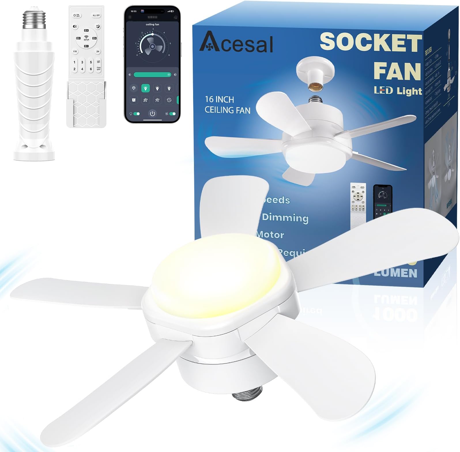 Socket Fan Light with Remote，18 Inch Screw In Ceiling Fans with Lights ...