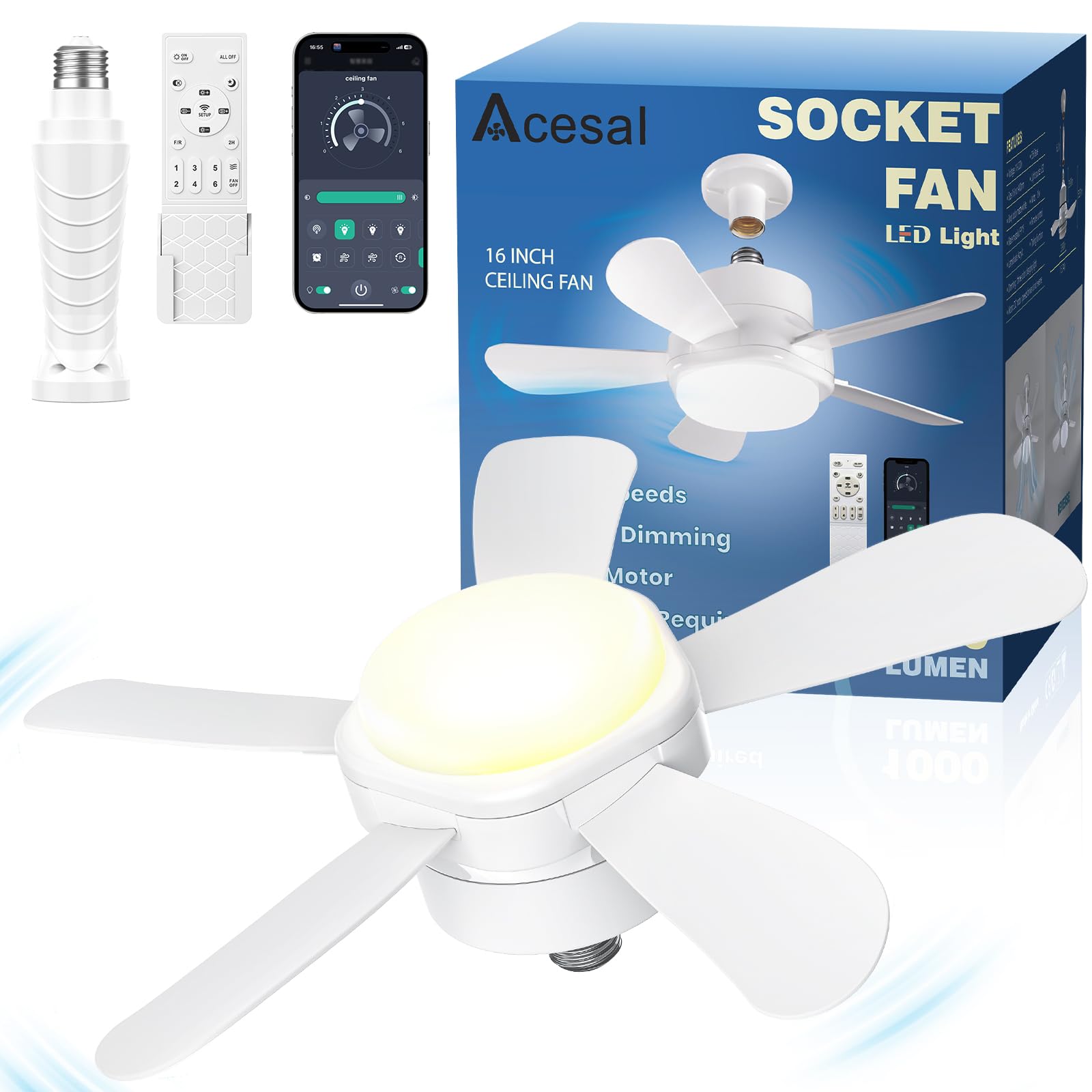 Amazon.com: Acesal 16 Inch Socket Fan Light with E26/E27 Base: Small ...