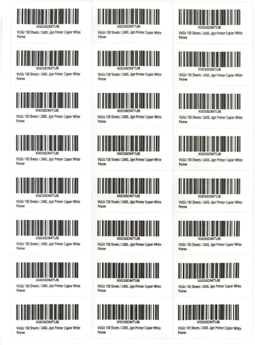 Amazon.com : VizGiz 100 Sheets / 2400 FBA Labels 24-UP 64.6 x 33.8 mm on A4 Adhesive Sticky ...