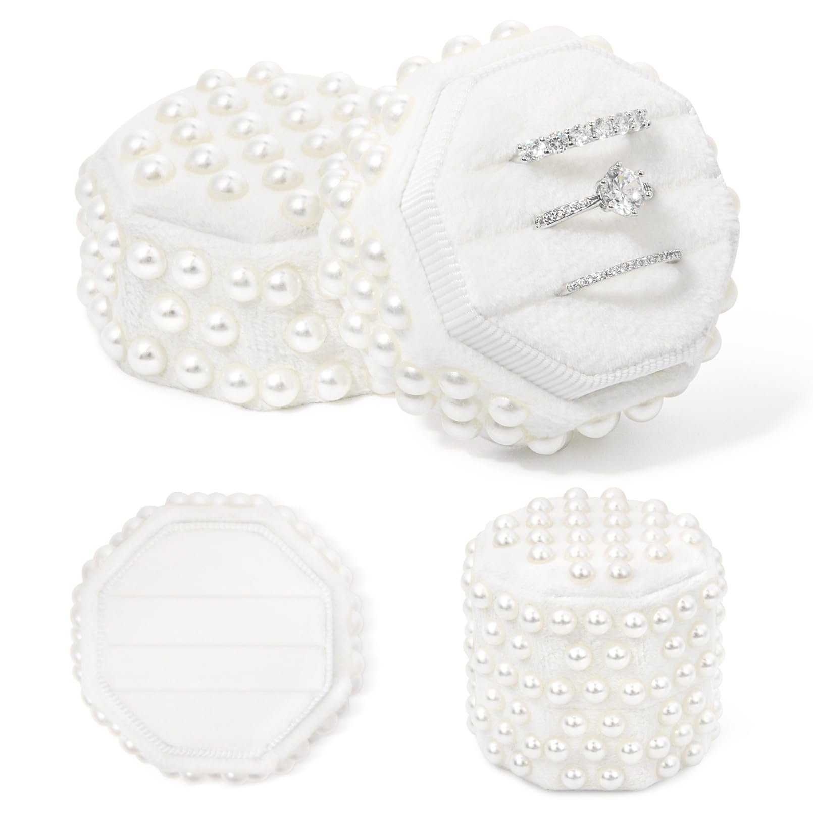 Amazon.com: CEELGON Pearl Velvet Ring Box 3 Slots Jewelry Ring Box with ...