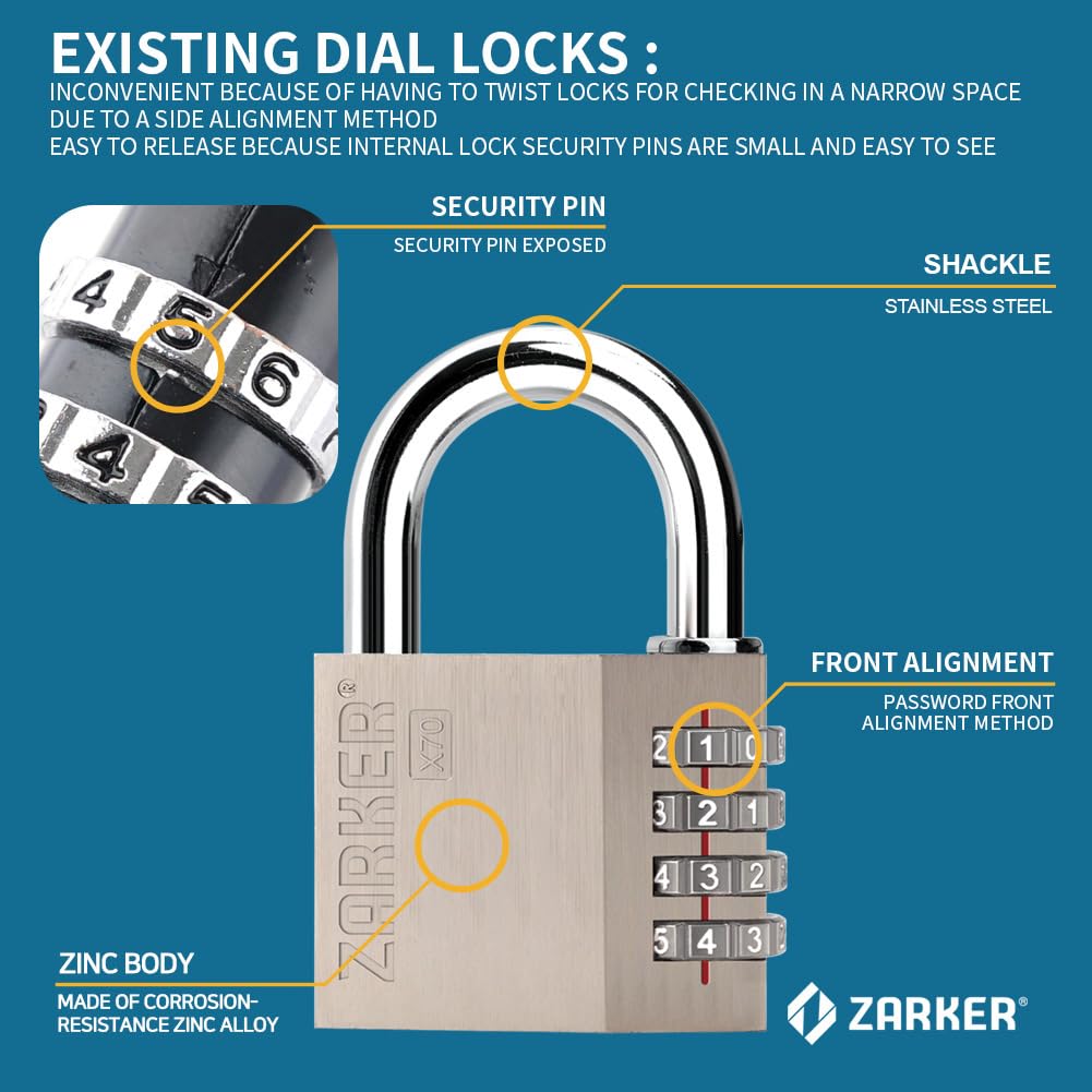 Snapklik.com : Zarker X70 4 Digit Stainless Steel Shackle Combination Lock