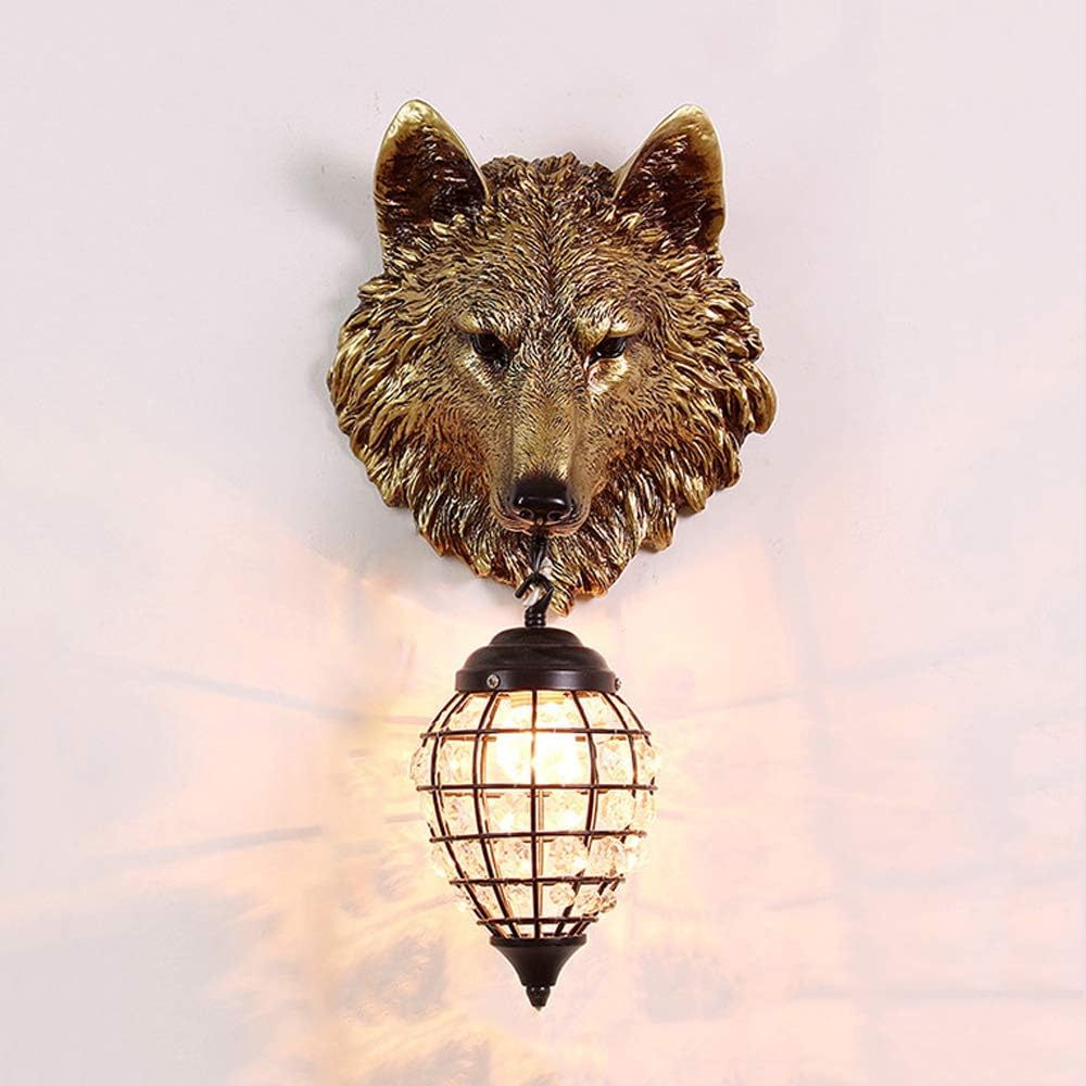 KWOKING Rustic Wolf Wall Lamp with Crystal Beaded Lampshade 1 Light ...