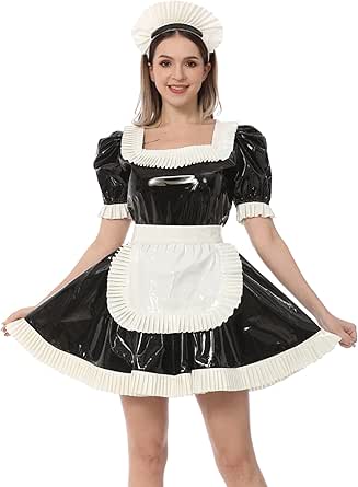 Amazon.com: JOLINE Sissy Women Pvc Costume Crossdress French Maid Black ...