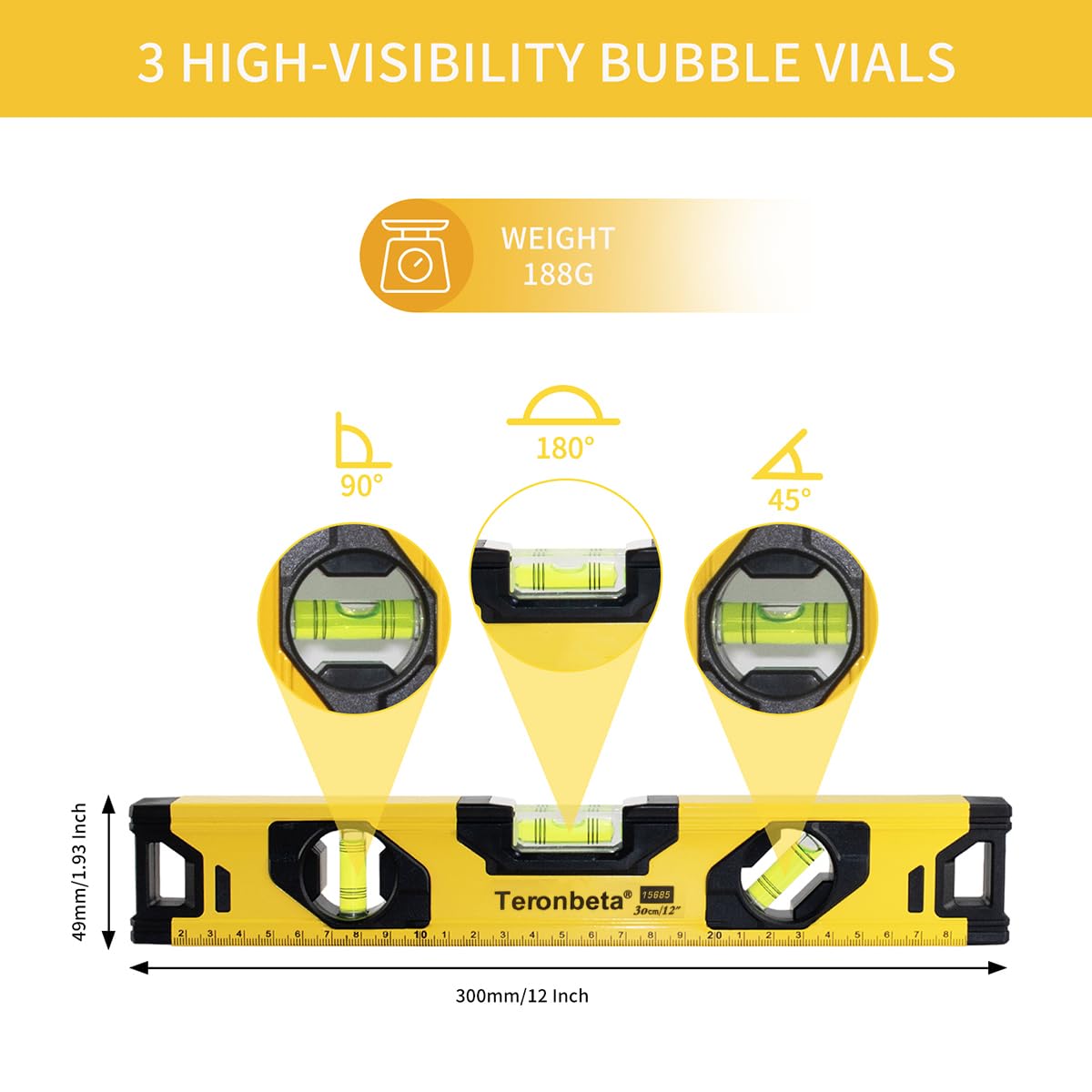 Torpedo Spirit Level 12-Inch Magnetic Torpedo Level – 3 Vials (45°, 90 ...