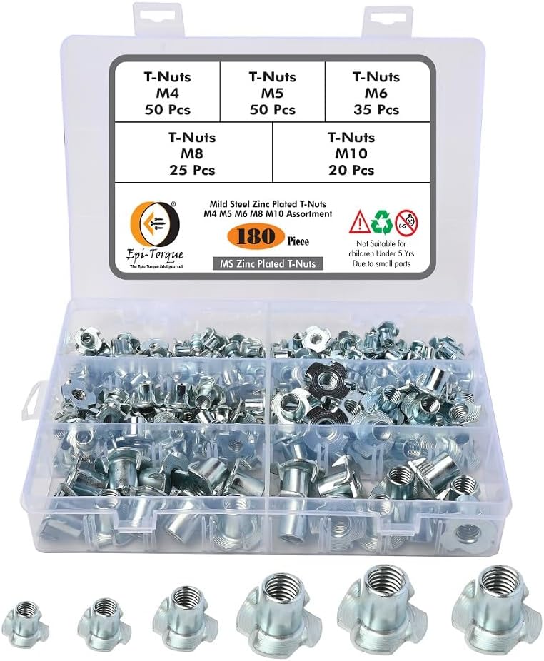 Epi-Torque 180 Pcs M4 5 6 8 10 Zinc Plated Steel T Nuts Four Claw Nuts ...