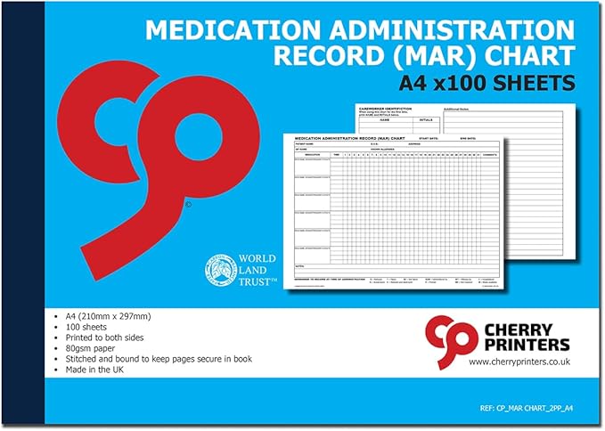Cherry MAR Chart (Medication Administration Record) Book A4 100pages ...