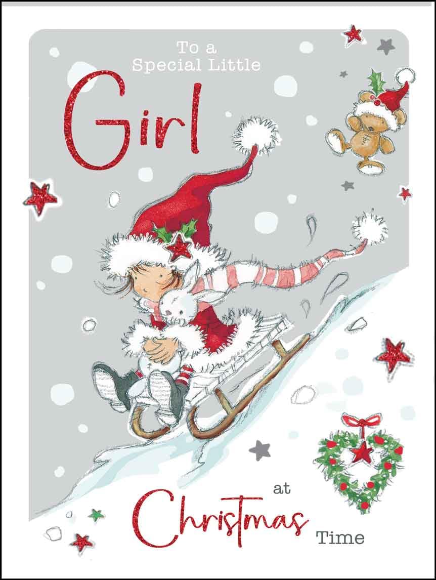 Special Little Girl Christmas Card - Girl Sledging in the Snow ...
