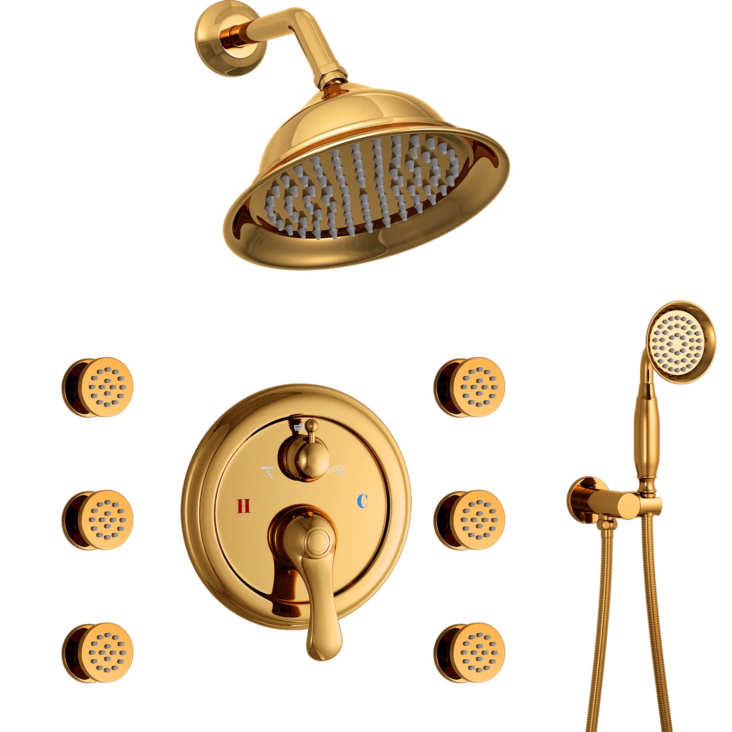 Gold Shower System 8 inch Full Body Shower Faucet System with Body Jet ...