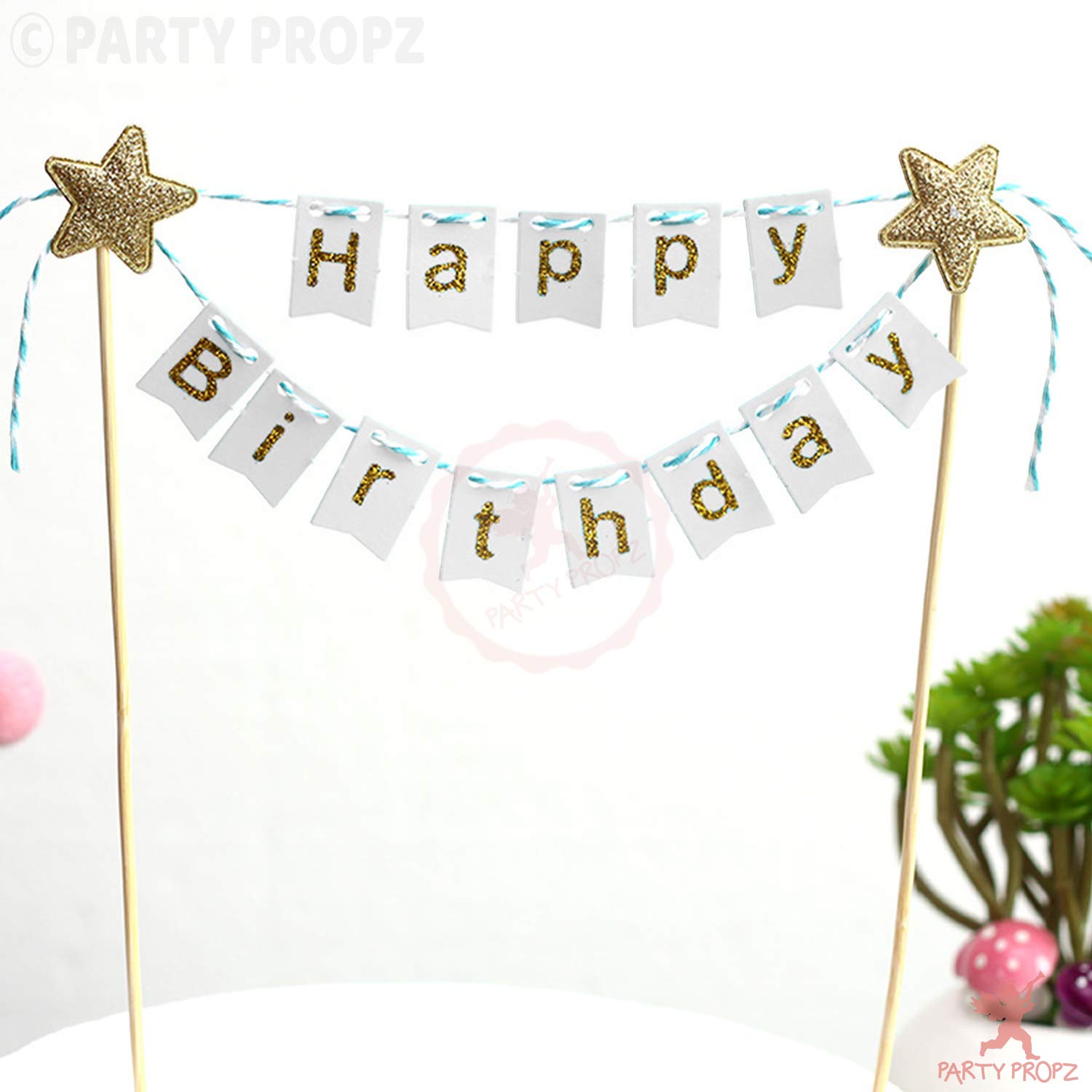 Party Propz White & Golden Glitter Happy Birthday Cake Topper For ...