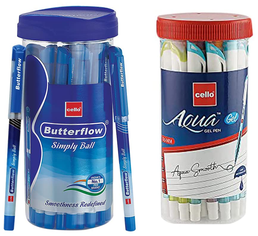 Cello Butterflow Simply Ball Pen & Cello Aqua Blue Gel Pen Jar of 25 ...
