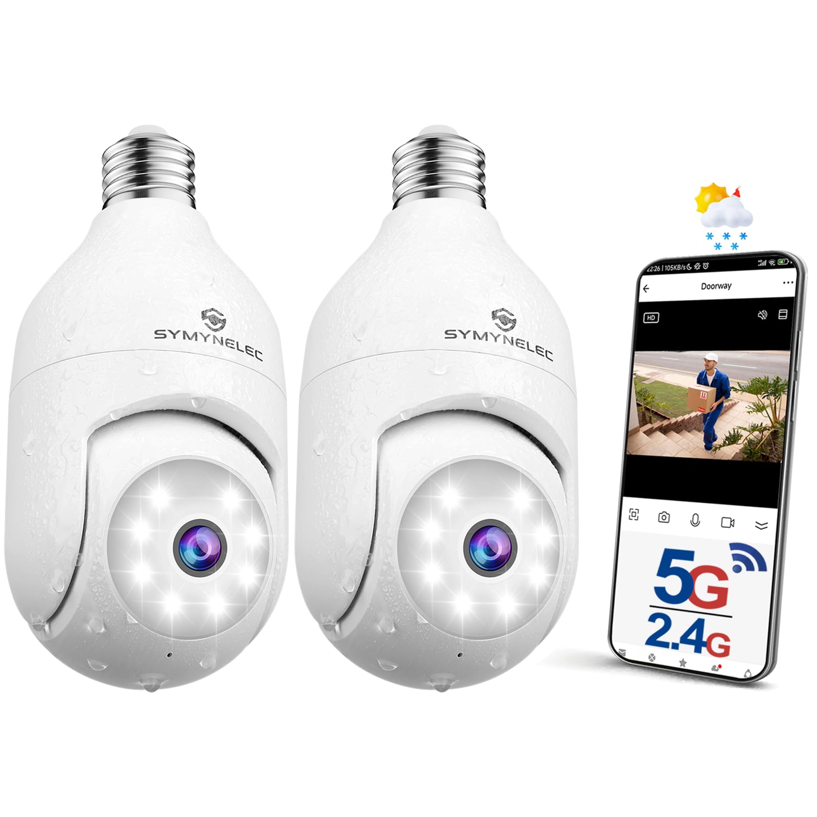 SYMYNELEC 5GHz/2.4GHz Light Bulb Security Camera Outdoor Waterproof 2 ...