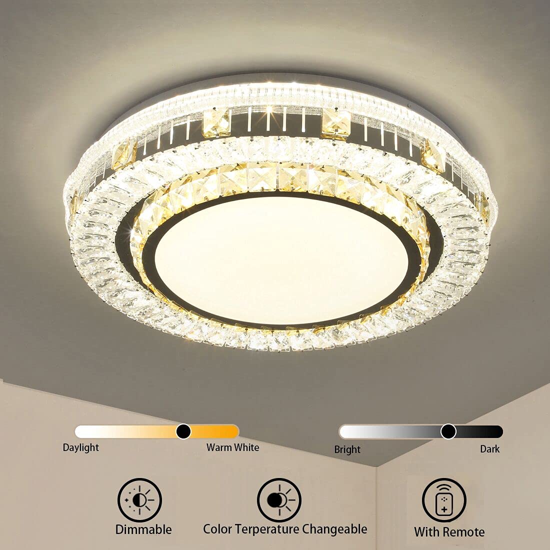Crystal LED Flush Mount Ceiling Light Fixture, 35W 14.9 Inch, 3000 ...