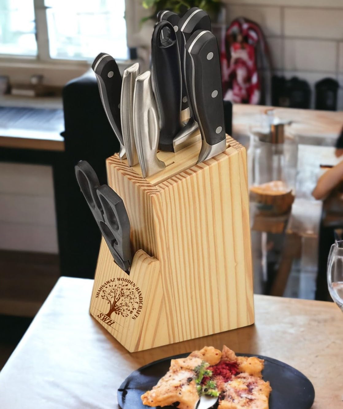 Buy Wooden Knife Stand/Holder with 6 Universal Knife Slot, 1 Sharpener ...