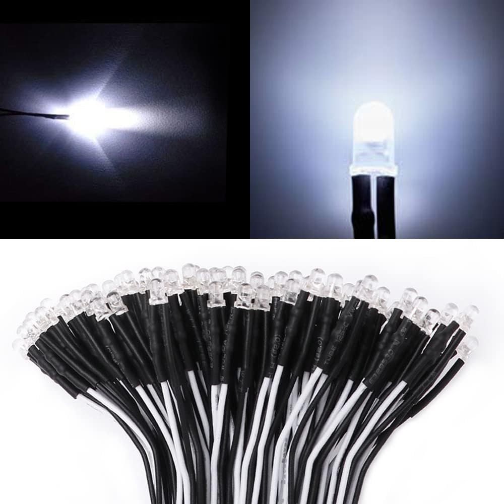 YIXISI 100 PCS 3mm LED Diodes Light, Ultra Bright 12V 20cm Pre Wired, White – BigaMart
