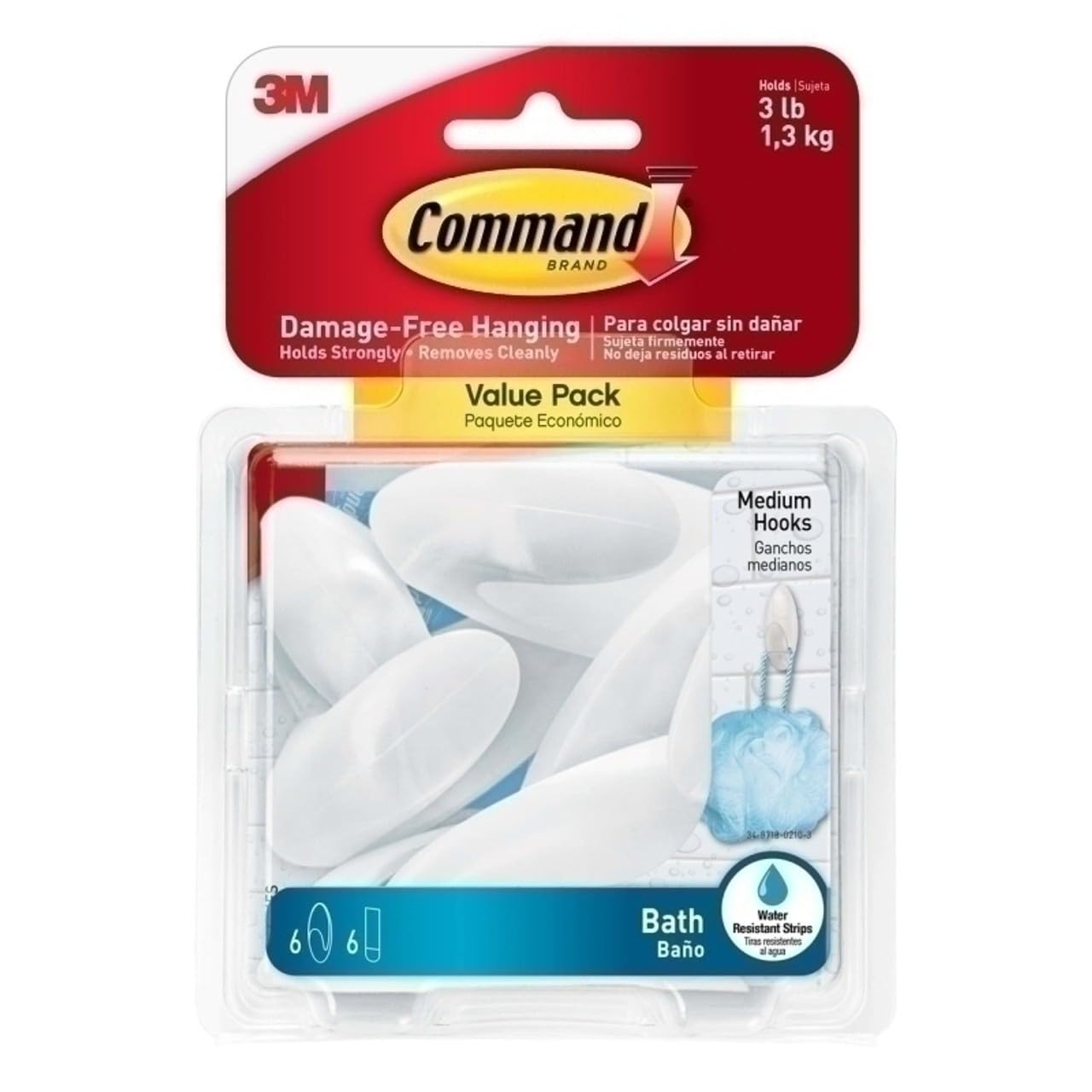 Amazon.com: Command Bath Medium Hook Value Pack, 2-Pack of 6 Wall Hooks ...