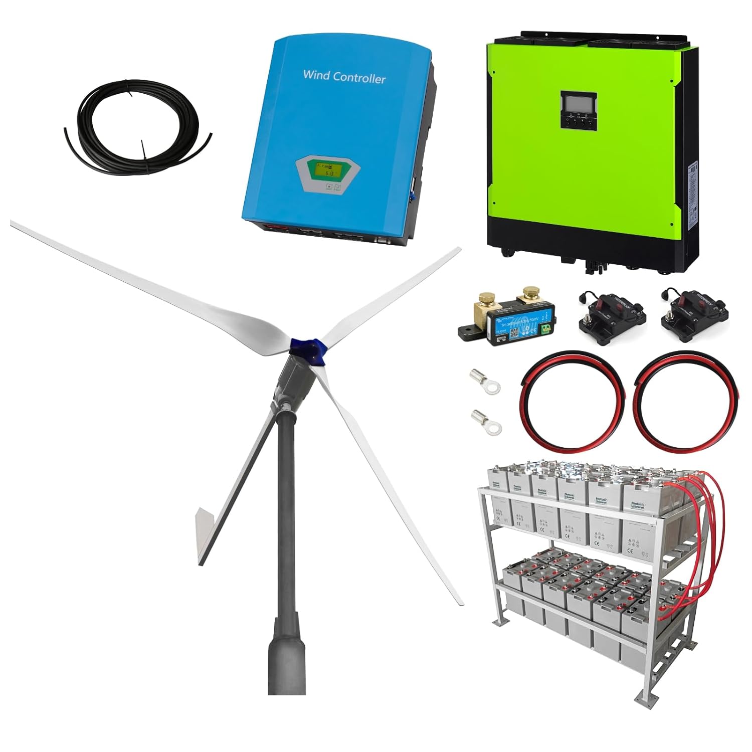 2kW grid-tie wind turbine kit with 5.5kW hybrid inverter and 24kWh ...