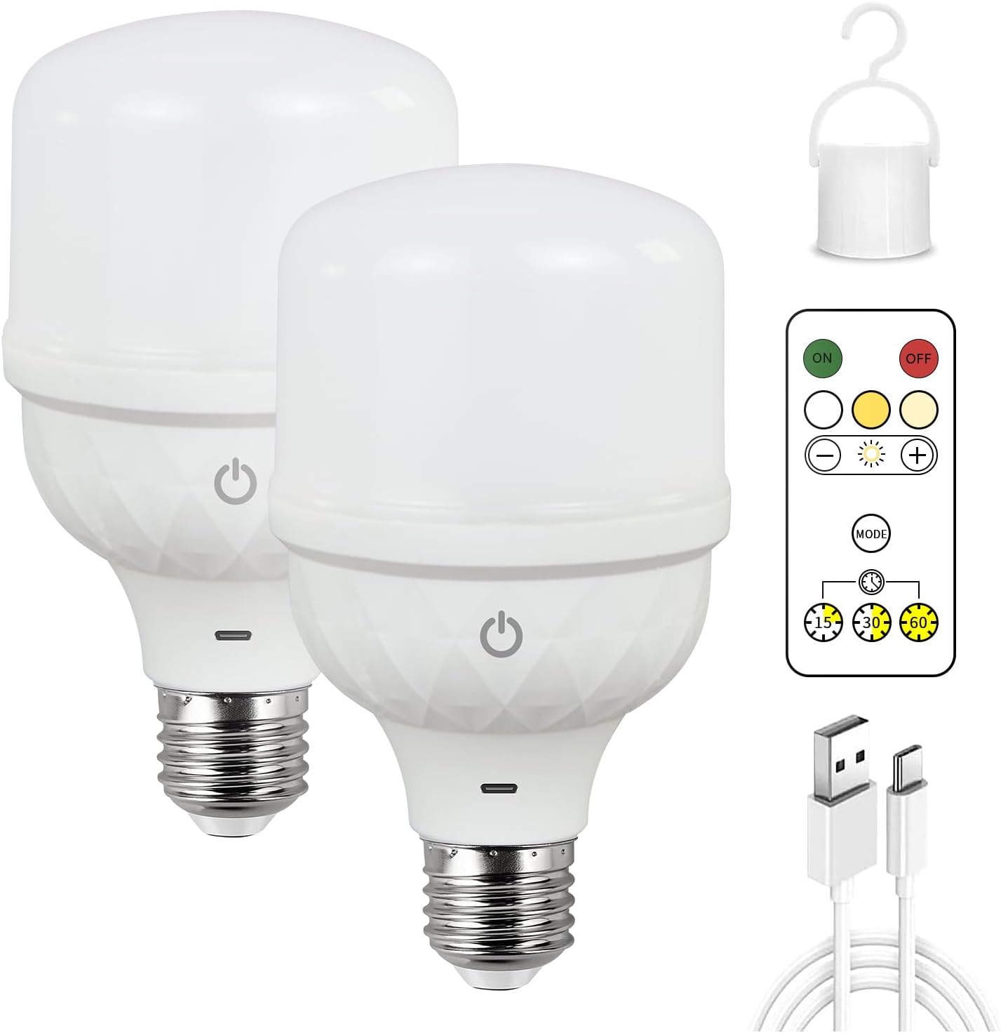 Aanyhoh 2PCS USB Rechargeable Light Bulbs 5W E26 Battery Powered Light ...