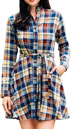 Women's Plaid Mini Dress Ladies Collared Long Sleeve Flannel Belted ...