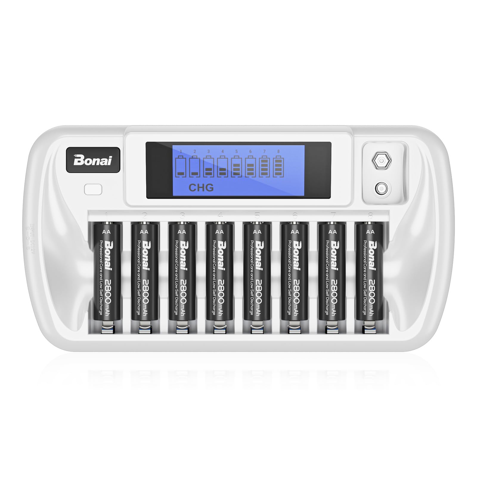 BONAI Rechargeable AA Batteries with Charger, 8+1 Bay AA Battery ...