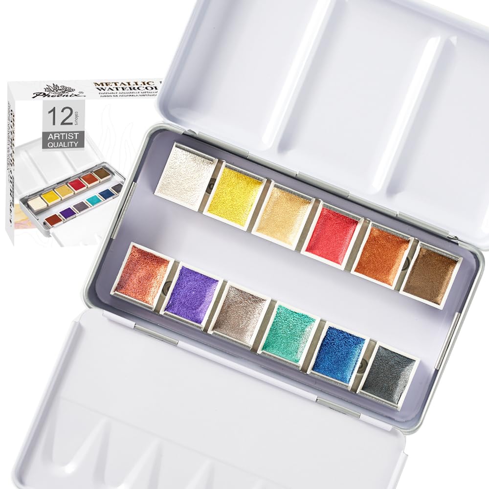 Amazon.com: PHOENIX Metallic Watercolor Paints - 12 Half Pan Glitter ...
