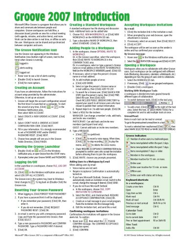 Microsoft Groove 2007 Quick Reference Guide (Cheat Sheet of ...