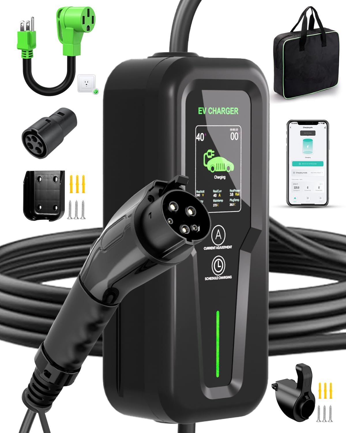 Portable Level 1&2 EV Charger (240V,40A,9.6KW) Current Adjustable with ...