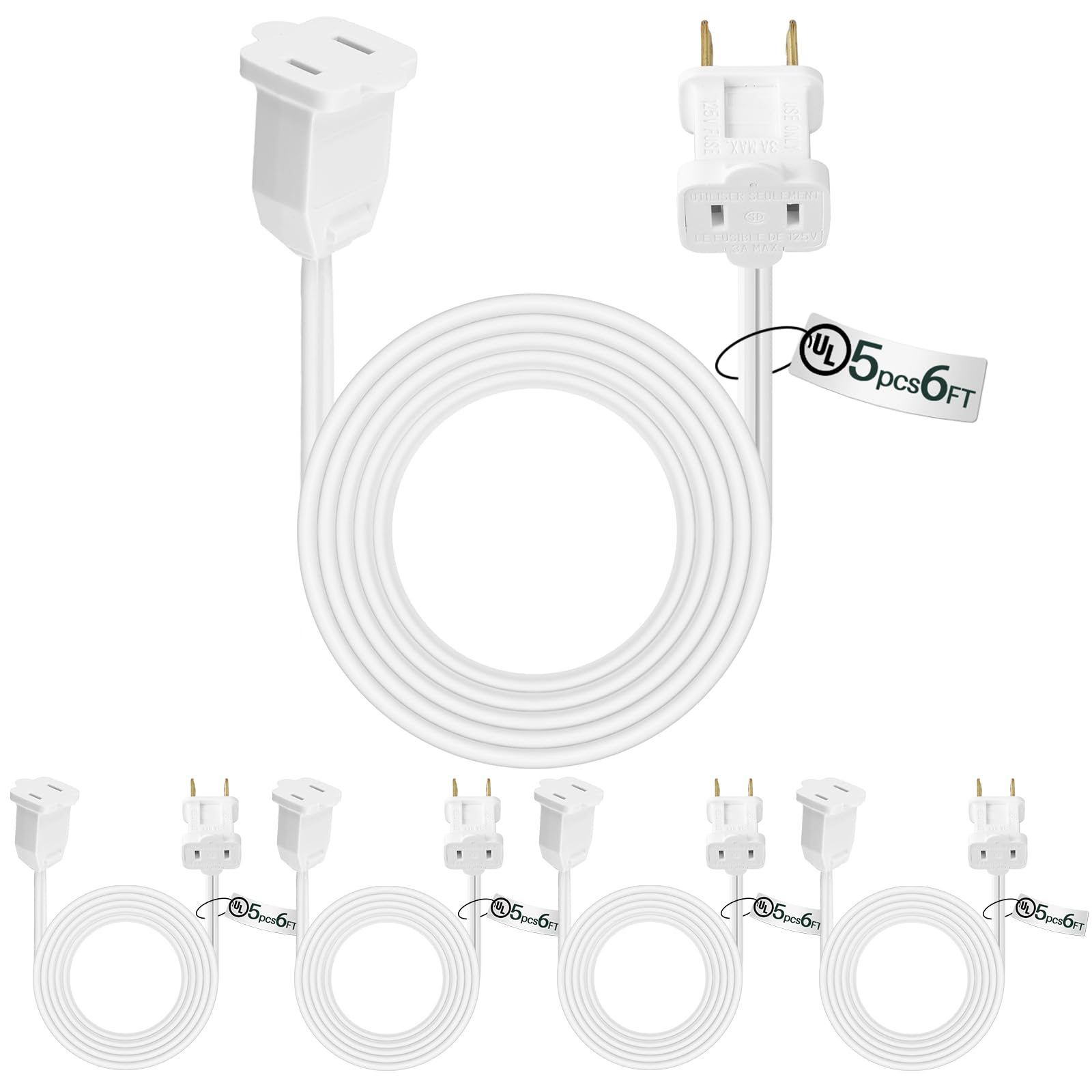 Snapklik.com : 5 Pack 6 Ft White UL Extension Cord 2 Prong Indoor ...