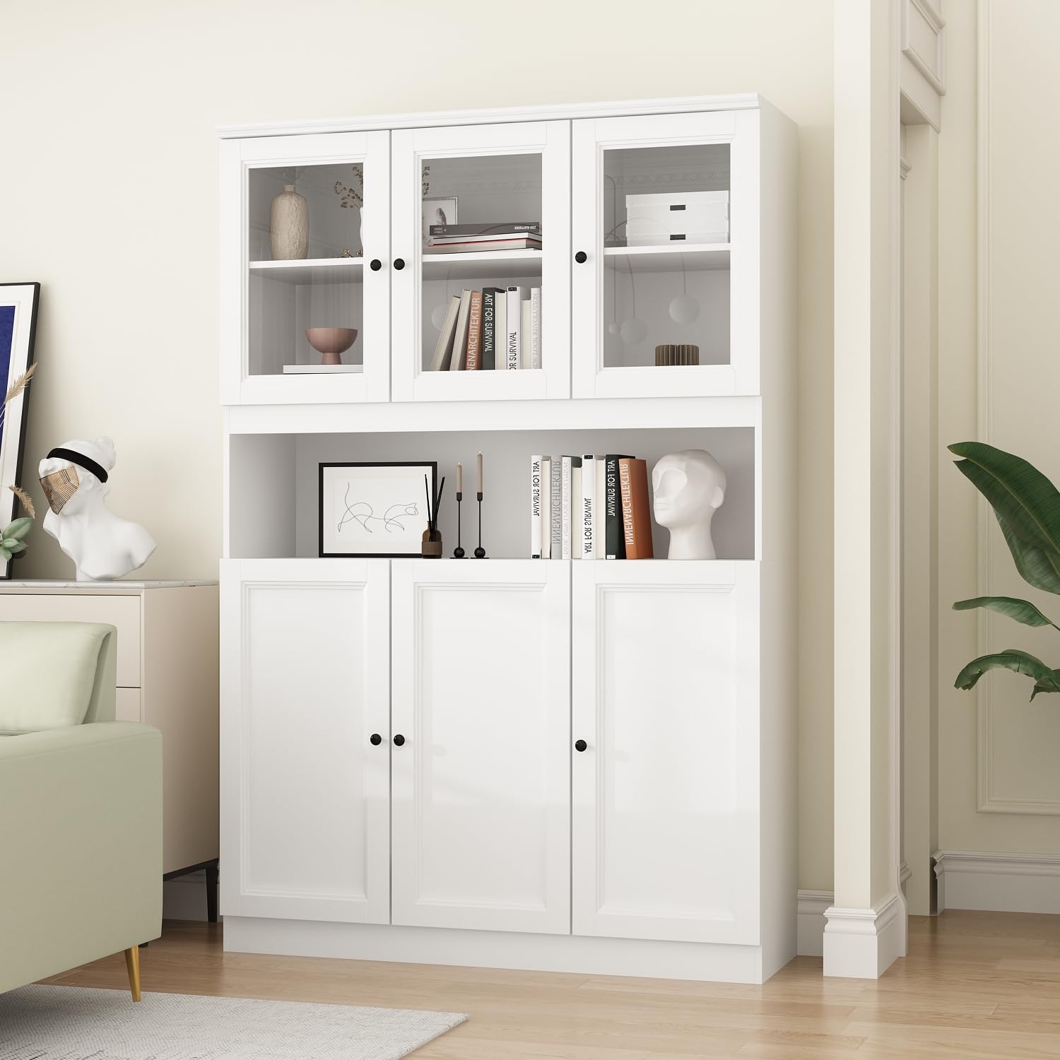Amazon.com: Hitow 5 Tiers Tall Bookshelf with Glass Doors, Wooden ...